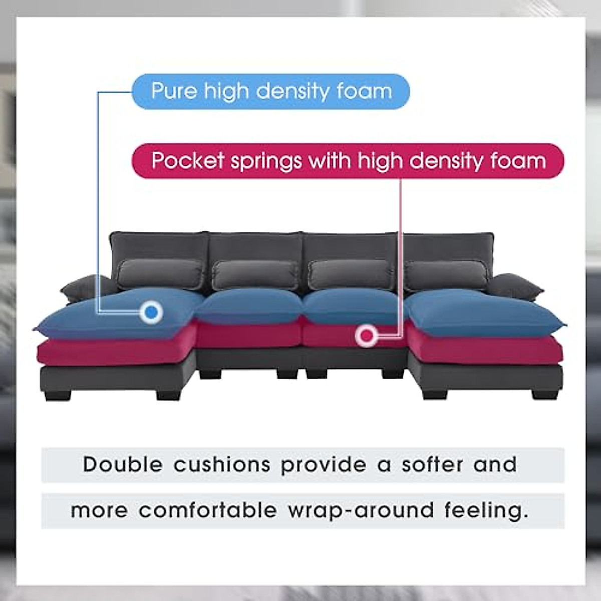 YUNLife&Home U-Shaped Modular Sectional Sofa with Double Chaise Lounge and Waist Pillows,6-Seat Oversized Symmetrical Couch,Comfy Chenille Upholstery Deap Seat Corner Sofá Convertible Sleeper Couches