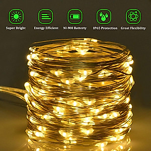 Solar String Lights, 100-LED 39ft 8-Lighting Modes Waterproof Copper Wire Solar Powered Fairy Lights for Christmas, Patio, Lawn, Garden Decorations (1 Pack, Warm White)
