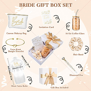 Irenare 8 Pcs Bride Gift Set Robe Cup Makeup Bag Bracelet Scrunchies Card Pen Gift Box for Bridal Shower Wedding Bachelorette(White)