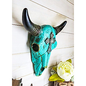 Ebros 10.5" Wide Western Southwest Steer Bison Buffalo Bull Cow Horned Skull Head Turquoise Silver Cross With Floral Lace Design Wall Mount Decor Native Indian Sacred Animal Totem Bust Skulls