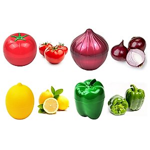 CALIDAKA 4PCS Fruit and Vegetable Shaped Food Saver Storage Containers Holder Refrigerator Vegetable Crisper,Onion Garlic Lemon Avocado Storage Keeper Holder for Fridge, as picture show