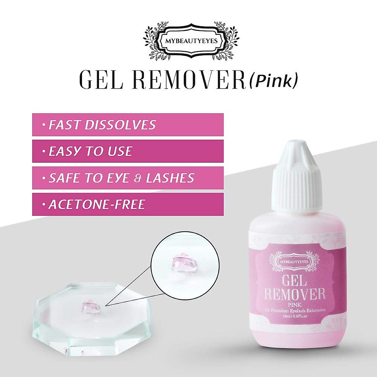 Gel Remover for Eyelash Extension/Quickly and Easily Removes Eyelash Extension Adhesive/Fast Dissolution Time / 15ml (Pink)