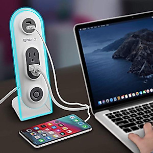 Aduro Dual USB 2 Outlet Power Strip Charging Desktop Stand Hub Extension for Phone, Laptop, with Surge Protection, Power Button, 4ft Cord - White/Grey