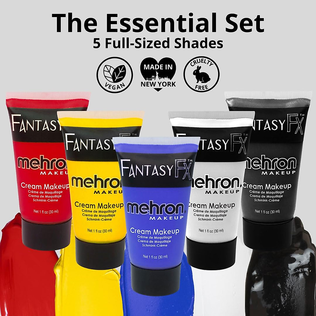 Mehron Makeup Fantasy FX Cream Makeup | Water Based Halloween Makeup | Face Paint & Body Paint For Adults 1 fl oz (30ml) (5 Pack Set Black, Red, Yellow, Blue, & White)
