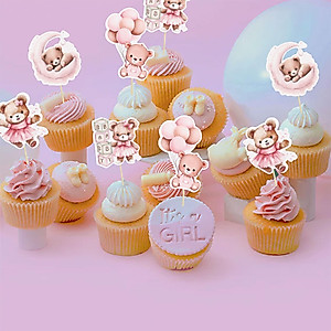 Gyufise 36Pcs Baby Shower Bear Cupcake Toppers Moon Baby Bear Baby Shower Cake Topper Decorations Jungle Animal Theme Baby Shower Birthday Party Cake Supplies Pink