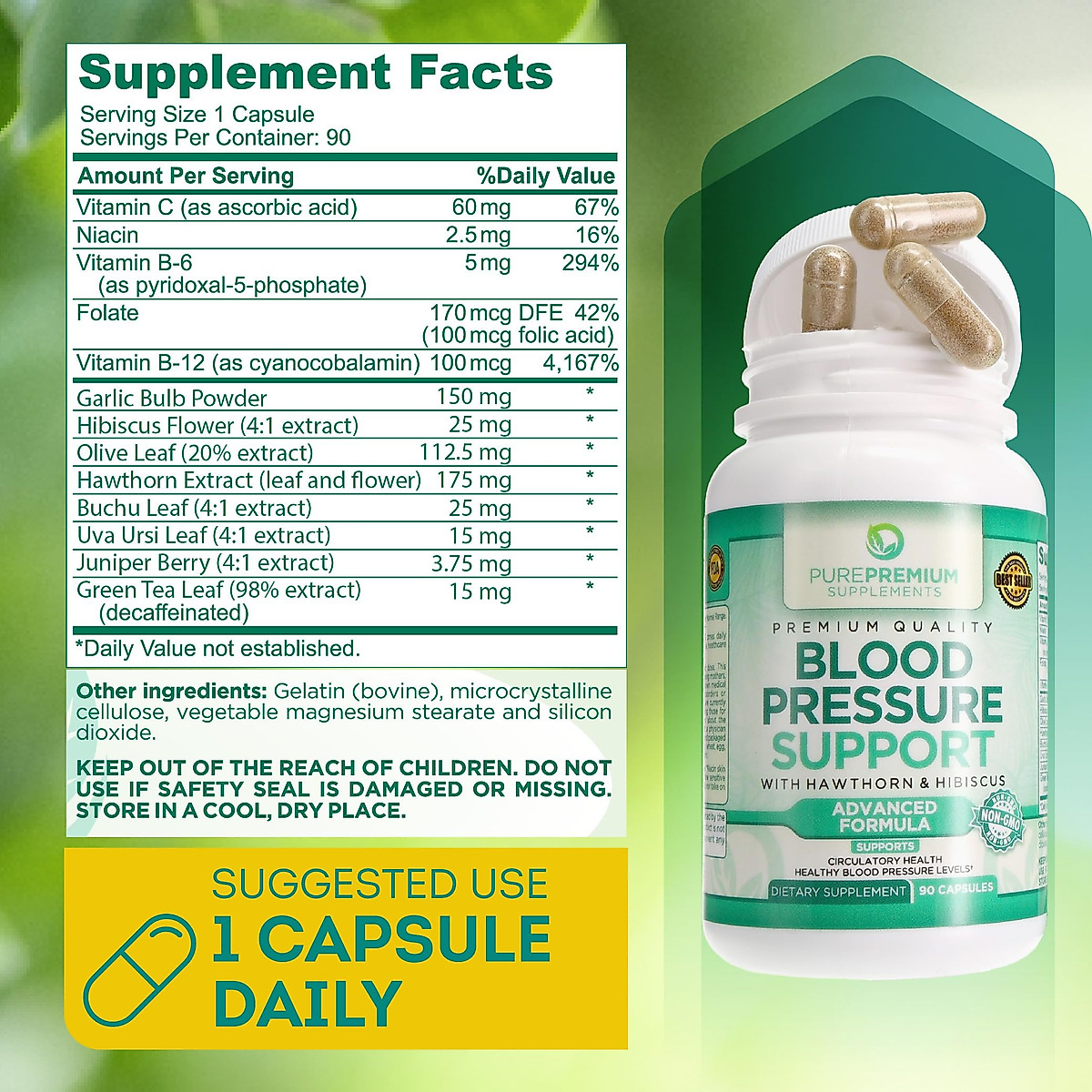 PurePremium Blood Pressure Supplements with Hawthorn Berry, Hibiscus - Nitric Oxide for Normal Blood Pressure Support with Vitamin B12 - Garlic Supplements for Normal Nitric Oxide Supplement - 90 Caps