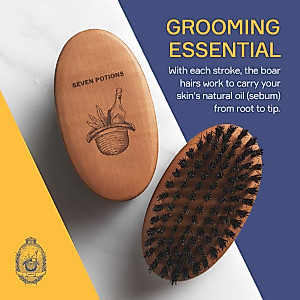 Seven Potions Beard Brush For Men With 100% First Cut Boar Bristles. Made in Pear Wood With Firm Bristles To Tame and Soften Your Facial Hair