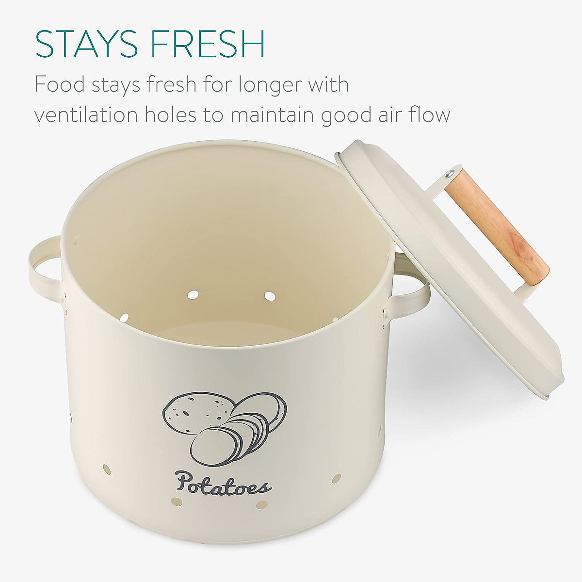 Navaris Vegetable Bins for Onions and Potatoes (Set of 3) - Potato Onion Garlic Storage Canisters Keeper Tin Containers with Wood Handles - Cream