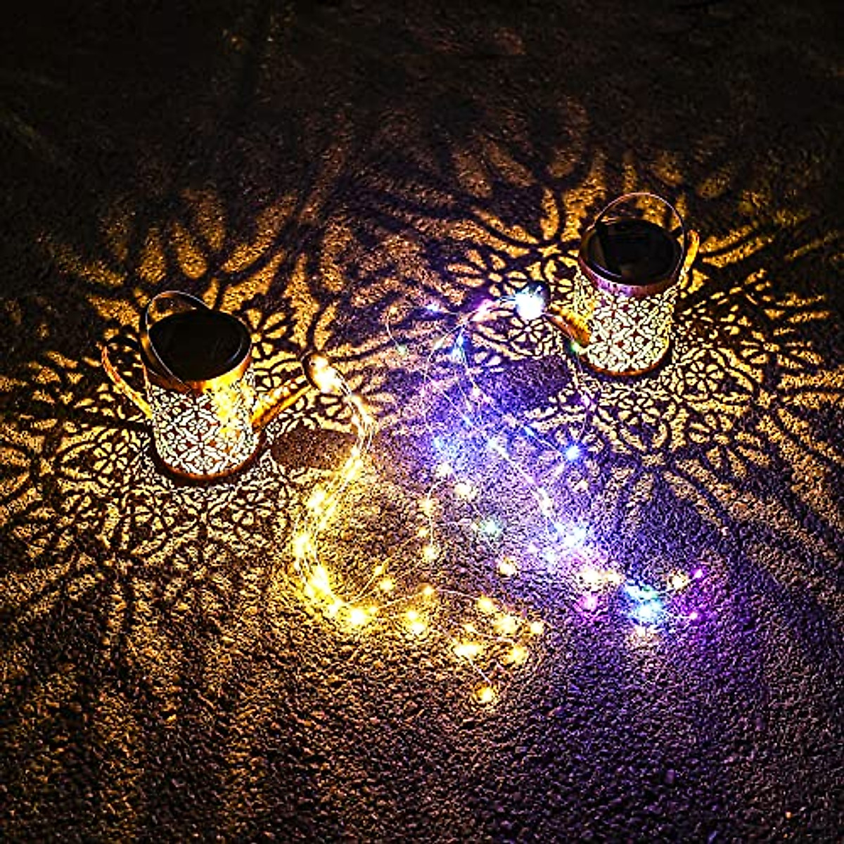 Gunlire 2 Pack Solar Watering Can Lights Garden Decor, Waterproof Hanging Solar Lantern Lights Solar Fairy Lights for Patio, Landscape, Pathway, Flower Bed, Gifts - 8 Modes (Watering Can Lights)