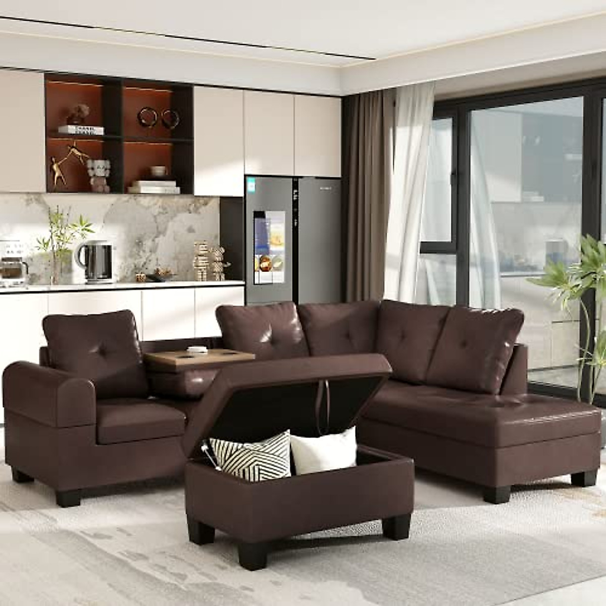 AWQM Upholstered Sectional Sofa w/Chaise Lounge, Modern L Shaped Sofa Couch with Storage Ottoman Bench, PU Leather Sectional Couches with Cup Holder for Living Room Small Space