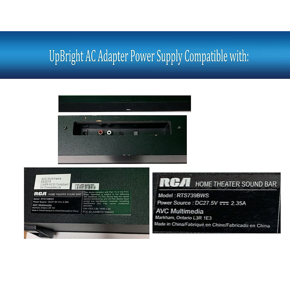 UpBright 27.5V AC/DC Adapter Compatible with RCA RTS739BWS Soundbar Home Theater SoundBar AVC Multimedia A2HRTS739BWS RTS735BWS MyACT APS-A0602752352WD-G APS-AD602752352WD-G DC27.5V 2.35A Power Supply