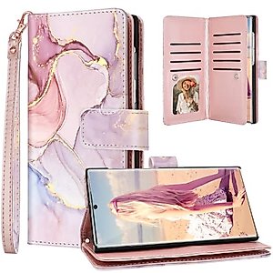Fingic Galaxy S23 Ultra Wallet Case, 9-Card Holder, Detachable Strap, Rose Gold Marble, PU Leather, 5G (6.8")