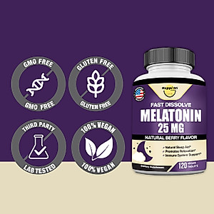 Happi Mi Nutrition Melatonin 25mg, Extra Strength with L-Theanine & Vitamin B-6, Fast Dissolve Tablets, Sleep Support, Relaxation, Restful Sleep, Drug Free, Natural Berry Flavor, 120 Chewable Tablets