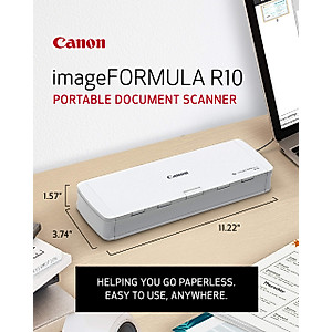 Canon imageFORMULA R10 Portable Document Scanner, 2-Sided Scanning with 20 Page Feeder, Easy Setup For Home or Office, Includes Software, (4861C001)