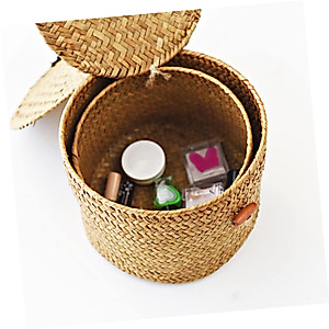 NOLITOY 3pcs Storage Box with Lid Round Shelf Vegetable Tray with Lid Hand Decor Storage Baskets for Shelf Woven Sundry Box Baskets for Organizing Seaweed Baskets Straw Shelf Baskets Woven