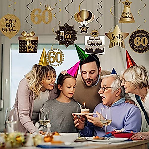 Happy 60th Birthday Party Hanging Swirls Streams Ceiling Decorations, Celebration 60 Foil Hanging Swirls with Cutouts for 60 Years Old Black and Gold Birthday Party Decorations Supplies
