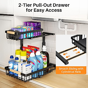 PXRACK 2 PACK Under Sink Organizer,Adjustable Height,2 Tier Pull Out Under Cabinet Organizer,Thickened Metal Shelf,Slide Out Under Sink Storage for Kitchen Bathroom Cabinet Laundry
