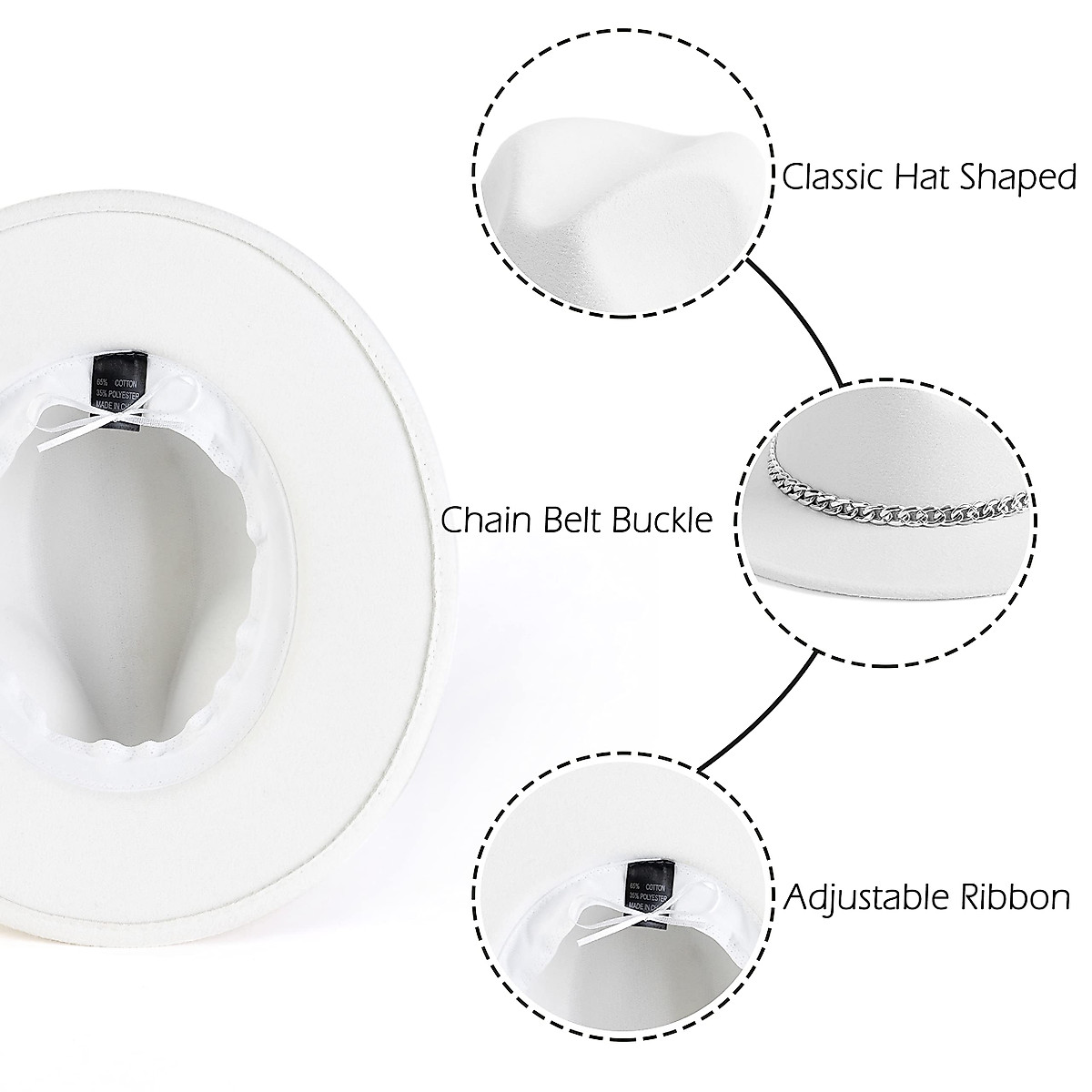 Gossifan Classic Wide Brim Fedora Hat with Chain Belt Buckle - AAA-White