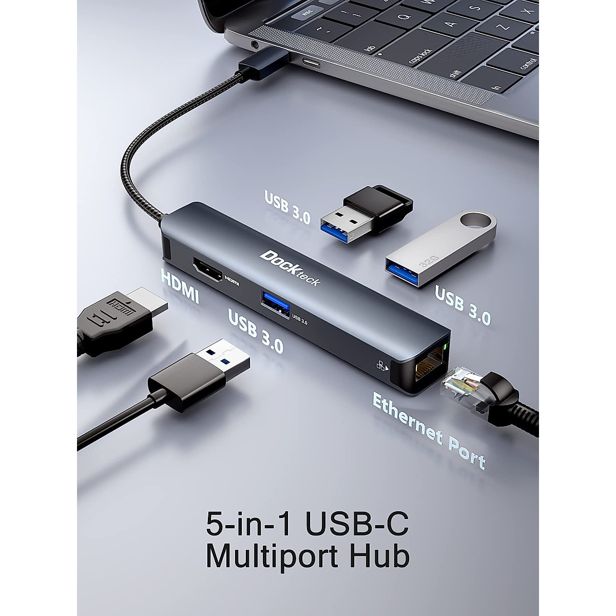 USB C Hub Ethernet, Dockteck 5-in-1 Multiport Adapter with USB C to 4K HDMI,1Gbps LAN, 3 USB 3.0, for MacBook Air/Pro, iPad Air/Pro, Surface Pro, XPS and More