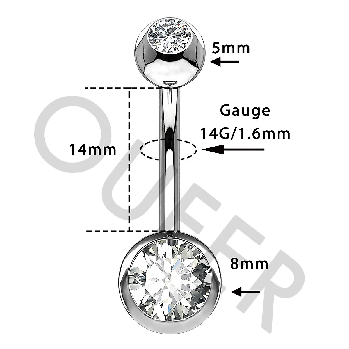 OUFER 14MM Belly Button Rings G23 Solid Titanium 14G Clear CZ Belly Rings Navel Piercing Jewelry Navel Rings
