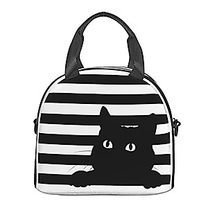 Cute Cat Black And White Striped Background Lunch Bag Funny Animal Kitten Reusable Insulated Lunch Tote Bag Lunchbox Container With Adjustable Shoulder Strap For Office Work School Picnic Travel