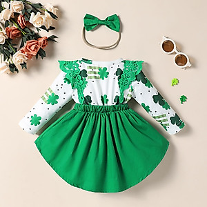 Noubeau Infant Baby Girl St. Patrick's Day Dress Ruffle Long Sleeve Romper Top Lucky Clover Print Skirt Outfits+Headband（Green- Dress,6-9 Months）
