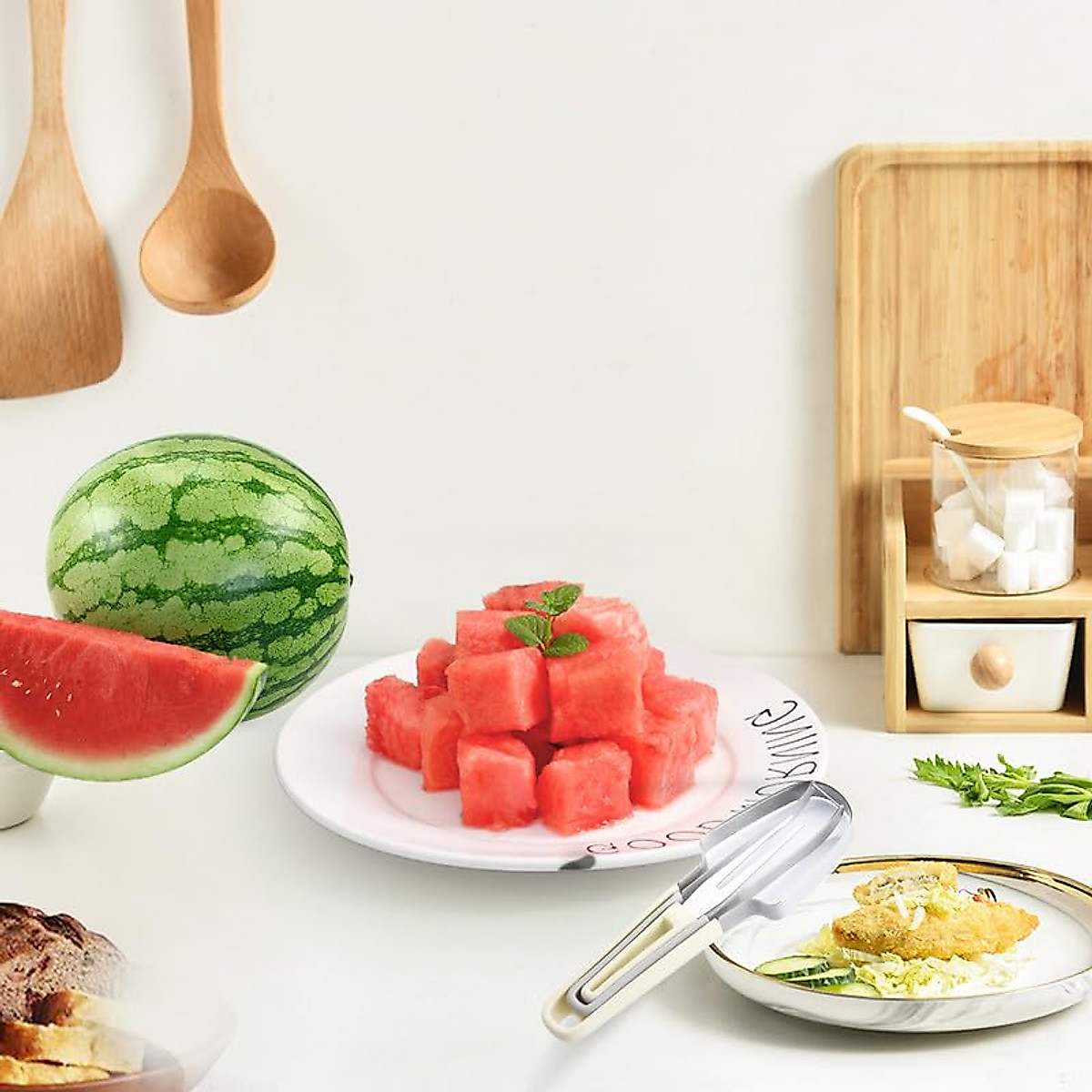 3-in-1 Watermelon Fork Slicer Cutter, 2024 New Stainless Steel Watermelon Windmill Cutter, 3 In 1 Summer Watermelon Cutting Tool Fork Slicer Knife Set for Kitchen, Camping, picnicking(Green)