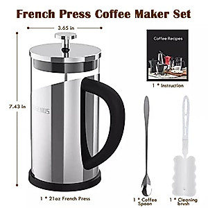 TBGENIUS French Press Coffee Maker 2-4 Cups, 21oz Coffee Press Perfect for Coffee Lover Gifts Morning Coffee, 4 Level Filtration, Stainless Steel Housing - Brews Milk Froth and Tea - 600ml