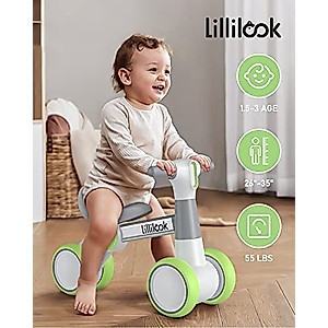 Lillilook Baby Balance Bike for Toddlers 1-3 Years Old, Riding Toys with 4 Wheels for Chilren Age 2, No Pedal Anti-Drop Baby Walker Bicycle, Kids First Bike Birthday Gift, for Boys Girls
