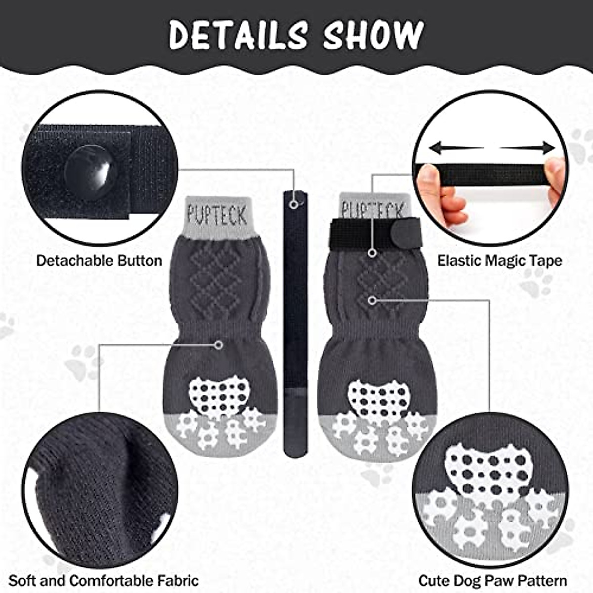 PUPTECK Anti-Slip Dog Socks with Double Sides Grips for Small Medium Large Dogs Hardwood Floors Prevents Licking, Dog Shoes for Hot Pavement Traction Control Paw Protector for Senior Dogs,Slate Grey S