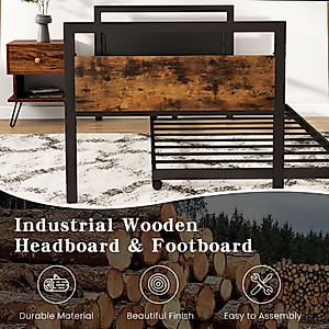 KOMFOTT Twin Size Metal Daybed with Trundle, Daybed Frame with Wooden Headboards, Metal Slat Support, Saving Space Metal Sofa Bed Frame for Living Room, Bedroom, Apartment, No Box Spring Needed