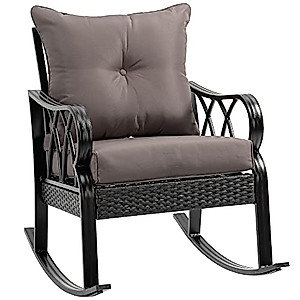 Outsunny Outdoor Wicker Rocking Chair with Padded Cushions, Aluminum Furniture Rattan Porch Rocker Chair w/Armrest for Garden, Patio, and Backyard, Grey