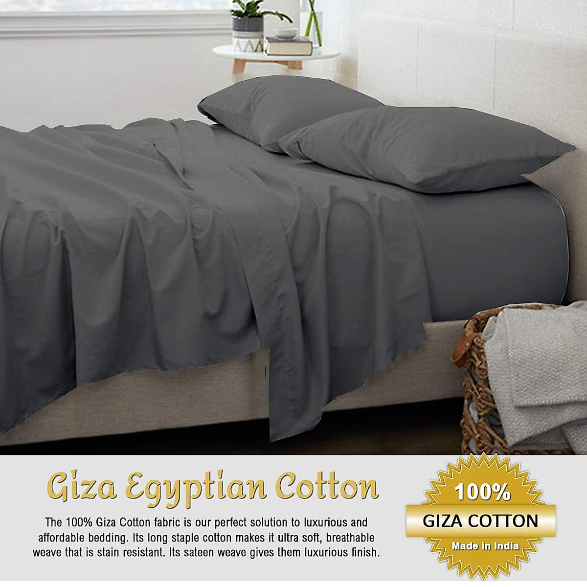 100% Long Staple Giza Cotton Bed Sheet Set Full Size – 400 Thread Count, 4-Piece Dark Grey Full Bedding, Sateen Weave, Luxury Hotel Quality, 16" Deep Pocket (Fits Up to 16" Mattress)