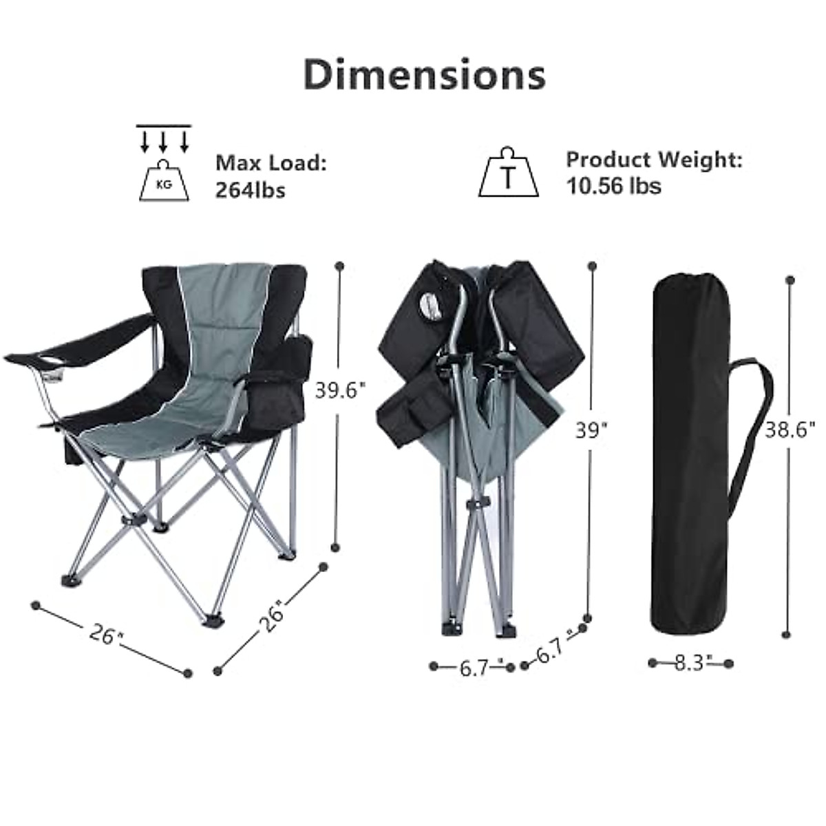 YSSOA Oversized Camping Folding Chair with Cup Holder, Side Cooler Bag, Heavy Duty Steel Frame Fully P Added Quad Armchair for Outdoors, 1-Pack, Grey