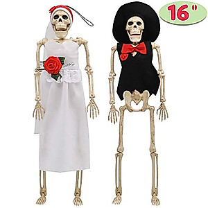 JOYIN 2PCS 16" Scary Halloween Skeletons Decorations Full Body with Poseable Bride and Groom Ornament for Haunted House Décor, Home, Party, Graveyard