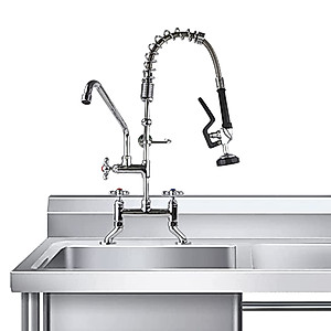 YooGyy Commercial Sink Pre-Rinse Sprayer 4-8 Inch Center Deck Mount 26’’ Height Kitchen Faucet, Dual Hole Dual Handles with High Pressure Pull Down Spray Valve and 10’’ Add on Spout