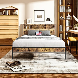 MegaChunk Queen Bed Frame with Storage Headboard, Metal Platform Bed with Charging Station, Bookcase Storage, No Box Spring Needed, Easy Assembly, Noise-Free, Black