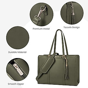 LOVEVOOK Laptop Bag for Women - 15.6 inch Lightweight PU Laptop Tote, Large Capacity Computer Bag with Clutch Purse for Business, Work, Travel, School, Casual (Olive Green, 15.6 Inch)