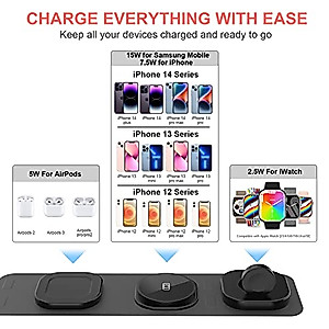 AmaBravo 3 in 1 Wireless Charger, Foldable Magnetic Travel Charger Station, Fast Wireless Charging Pad for iPhone14/13/12, AirPods, Apple Watch, Galaxy Multiple Device(Adapter NOT Included)