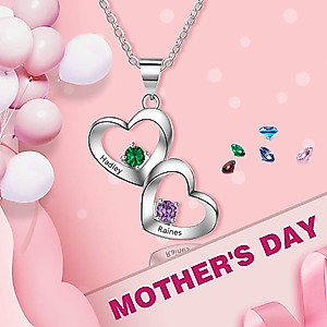 Personalized 2 Names Sterling Silver Necklace with 2 Simulated Birthstones Couple Engraved Love Heart Pendant Promise Necklace for Women