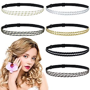 Dizila 6 Pieces Bohemian Hippie Adjustable Elastic Double-Stranded Braided Leather Headbands+Triple- Stranded Twisted Hair Bands Boho Accessories for Women Girls