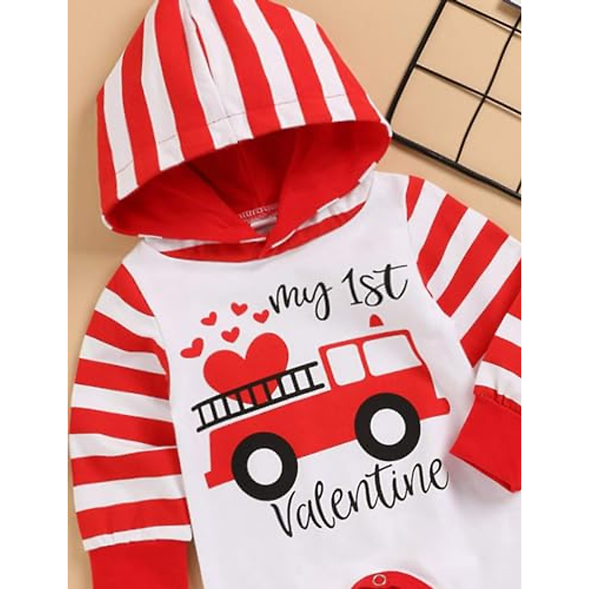 TUEMOS baby-girls Newborn Easter My 1St Letter Rabbit Stripe Hoodie Romper Outfit, Valentine-b, 0-3 Months