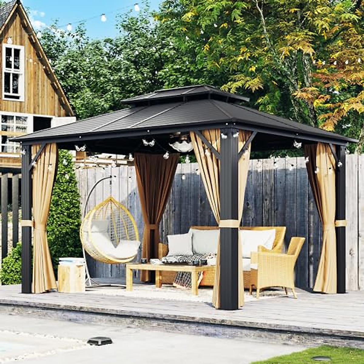 Aoxun 12' X 20' Hardtop Gazebo, Galvanized Steel Double Top, Aluminum Metal Gazebo with Curtains and Netting, Permanent Gazebo Pavilion for Wedding, Party, Outdoor Dining