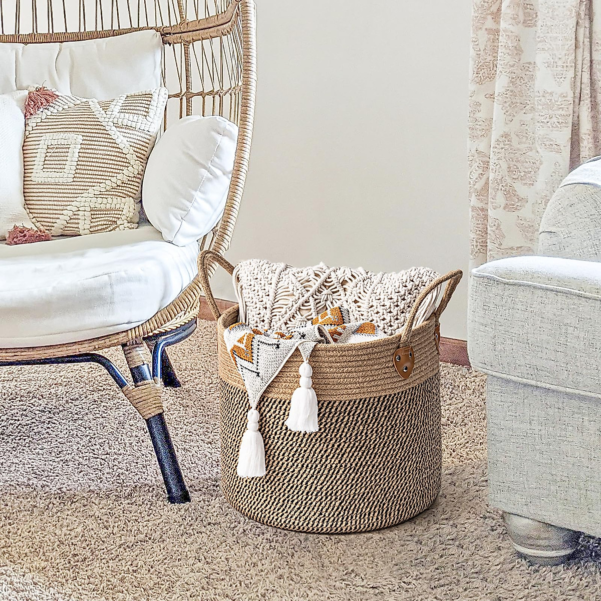 TIMEYARD Woven Baskets, 14'' x 12'' Wicker Plant Basket Home Decor, Decorative Basket Laundry Baskets for Clothes Pillows Towel, Black