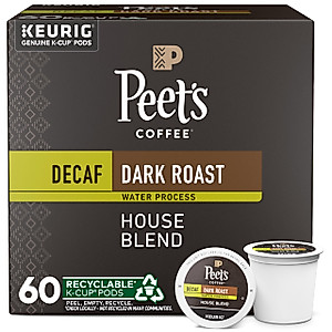 Peet's Coffee, Dark Roast Decaffeinated Coffee K-Cup Pods for Keurig Brewers - Decaf House Blend 60 Count (6 Boxes of 10 K-Cup Pods)