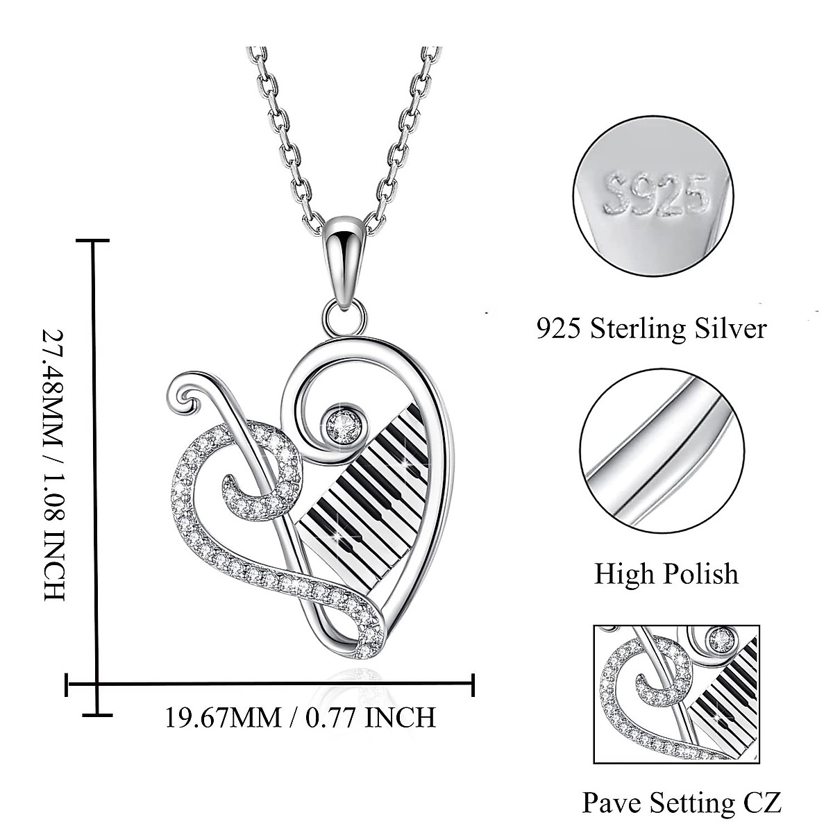 ACJNA 925 Sterling Silver Heart Pendant Piano Keyboard Necklace Music Jewelry for Women(With music note)