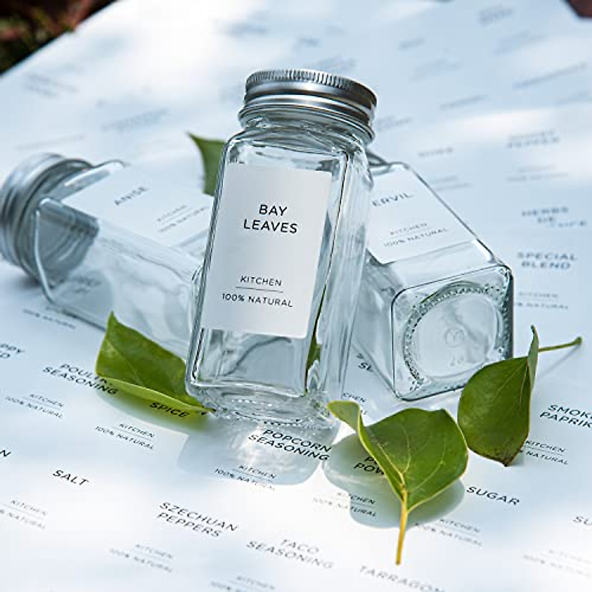 v2croft 160 Preprinted 1.375inch X 2.125inch Minimalist Spice Labels Set w/Extra Black Text on White, waterproof Matte For Jars, Glass Containers & Canisters,- Include an Exclusive Reference sheet