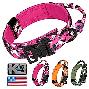 Tactical Dog Collar for Medium Large Dogs, WANYANG Military Dog Collar with Quick Release Metal Buckle K9 Dog Training Working, Adjustable Nylon Collars with Handle, Pink Camo