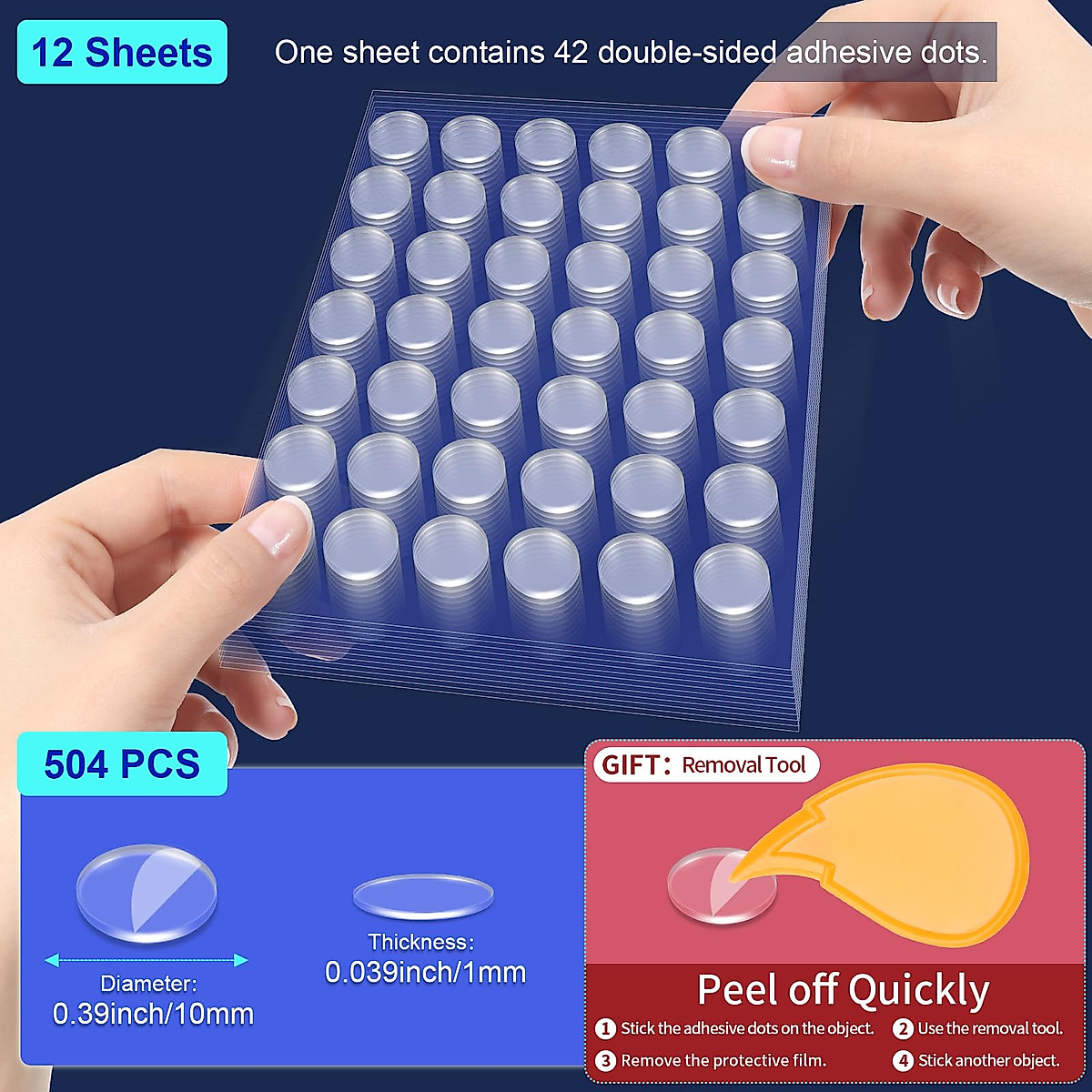 PHIXBEAR 504 Pcs Clear Removable Adhesive Dots, Glue Point Dots for Crafts Balloons Poster, Double Sided Sticky Round Dots (0.39 Inch)