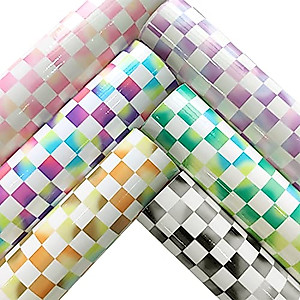 6 Pcs 8x12 inch Printed Faux Leather Sheets, Colorful Plaid Pattern Synthetic Crafts Fabric for Hair Bows Earrings Making Crafts Projects (Mirror)